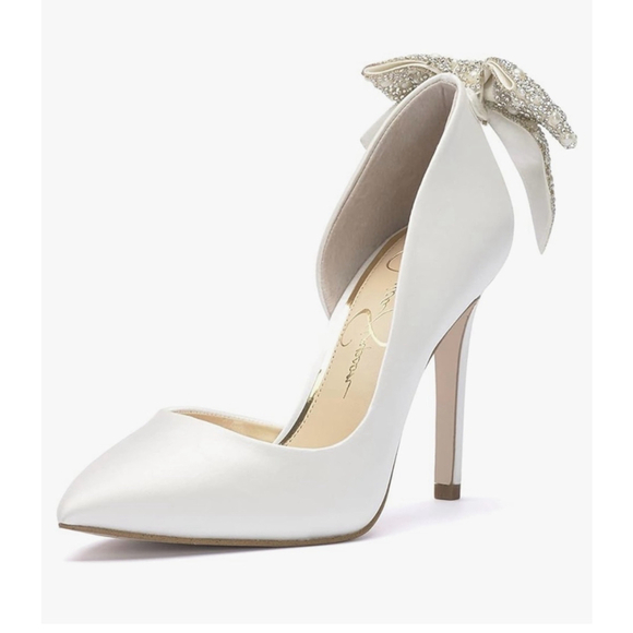 Jessica Simpson | Shoes | Jessica Simpson White Satin Pearl Bow Heels Size 8 | Poshmark